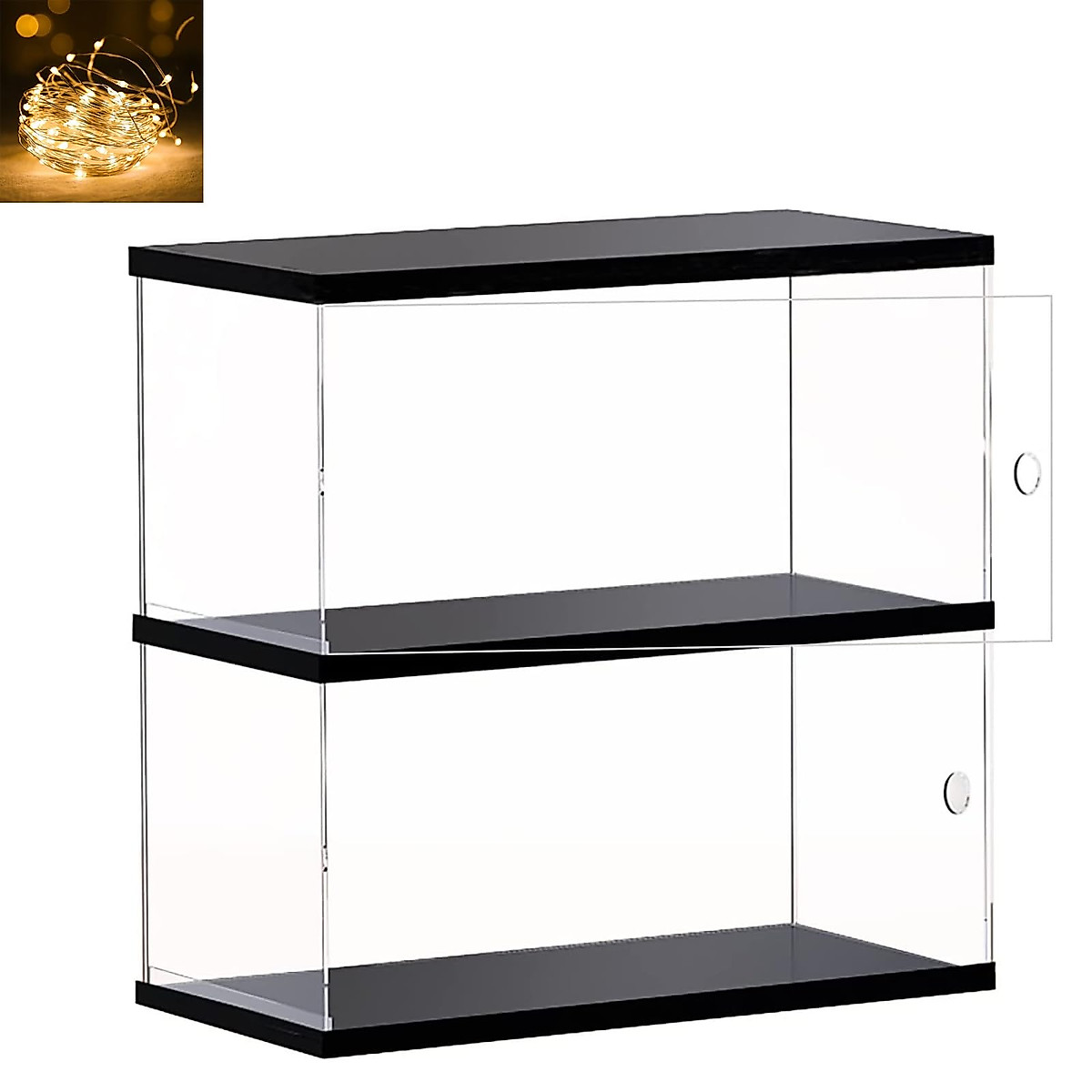 Clear Acrylic Display Case for Mini Funko Pop Figures with Light, 2 Layer Storage Cabinet Shelf Showcase for Toys Mini Figures Collectibles Rock Stone Crystals, Wooden Black Finish 10.2x4.7x11.4inch
