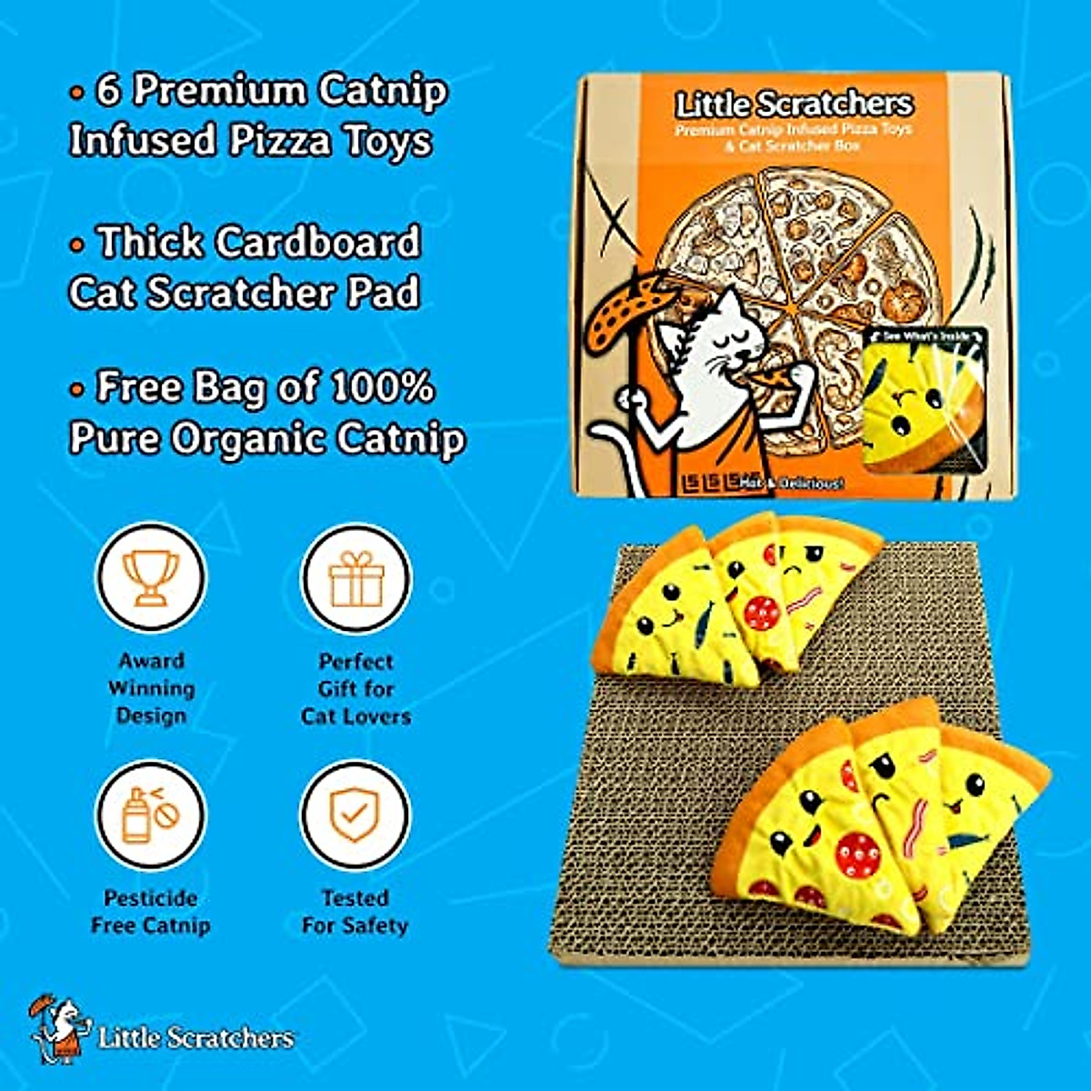 Little Scratchers Pizza Cat Toys (Large) - Includes 6 Pizza Catnip Toys & Thick Cardboard Cat Scratch Pad, Cat Gift Set, Funny Cat Gifts for Christmas, Cat Birthday Toys, Cute Cat Scratcher Toys