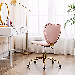 HNY Hi&Yeah Velvet Cute Desk Chair with Wheels, Comfortable Armless Home Office Chairs Heart Backrest, Adjustable Height Upholstered Swivel Accent Vanity Chair, Pink