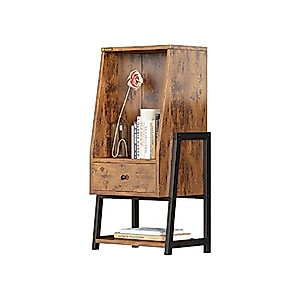 ALISENED Small Ladder Shelf with Drawer, 2 Tier Wood Narrow Bookcase&Nightstand, Storage Organizer Shelving Cabinet with Metal Frame for Bedroom, Library, Living Room, Home, Office, Rustis Brown