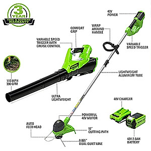 Greenworks 40V Cordless String Trimmer and Leaf Blower Combo Kit, 2.0Ah Battery and Charger Included