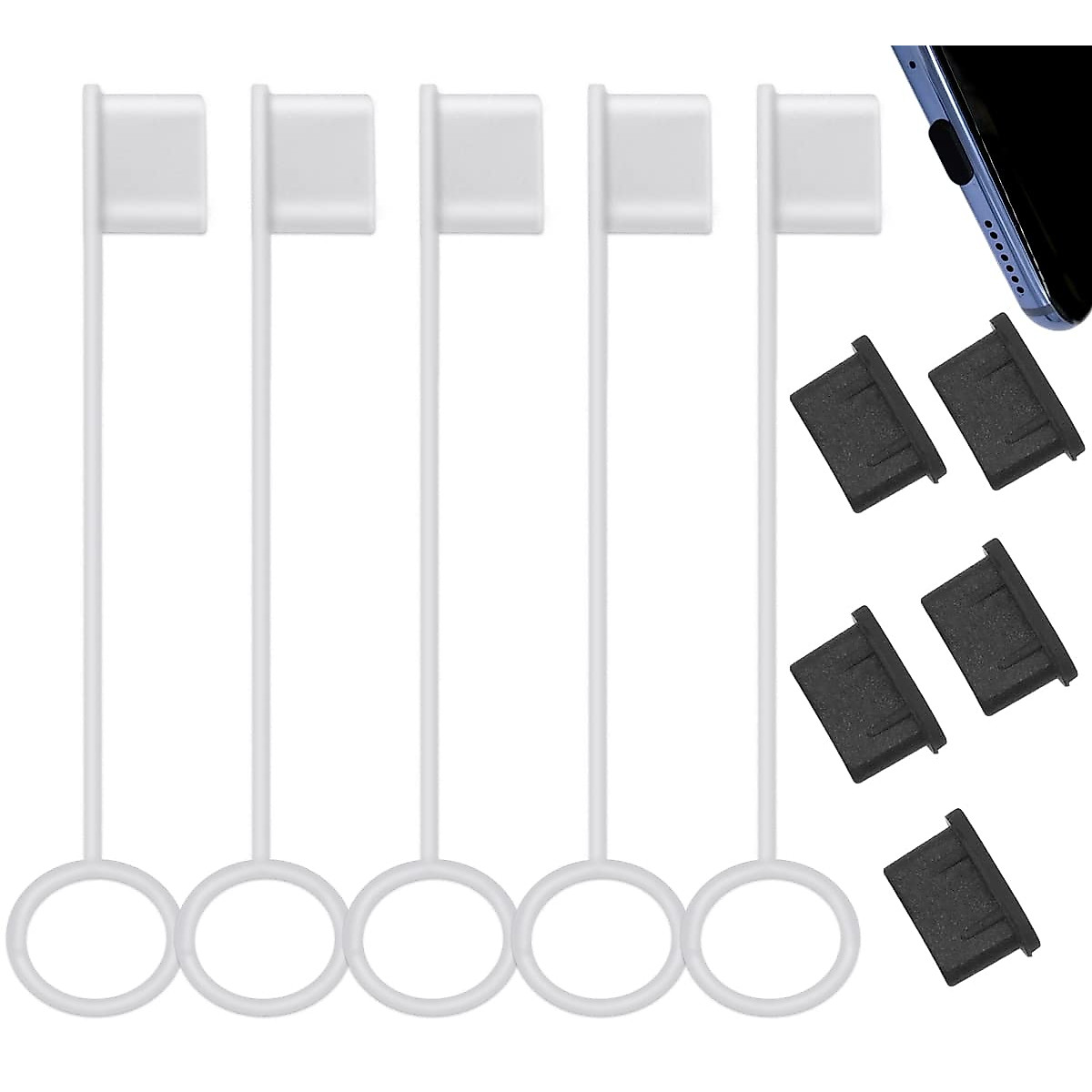 CKANDAY 5 Pieces USB C Cable Cover with 5 Pack USB C Dust Plugs Caps, Silicone Anti-Dust USB C Port Pluggy Caps with Dust and Oxidation Protection, Compatible with Type C Charging Port Devices