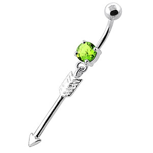 Light Green CZ Crystal Gemstone Stylish Plain Arrow Dangling 925 Sterling Silver Belly Ring Body Jewelry