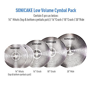 SONICAKE Low Volume Cymbal Pack Quiet Cymbal Set 14"Hi-hats+16"Crash+18"Crash+20"Ride 5 Pcs Mute Drum Cymbal Set Quiet Practice Cymbal, Sliver