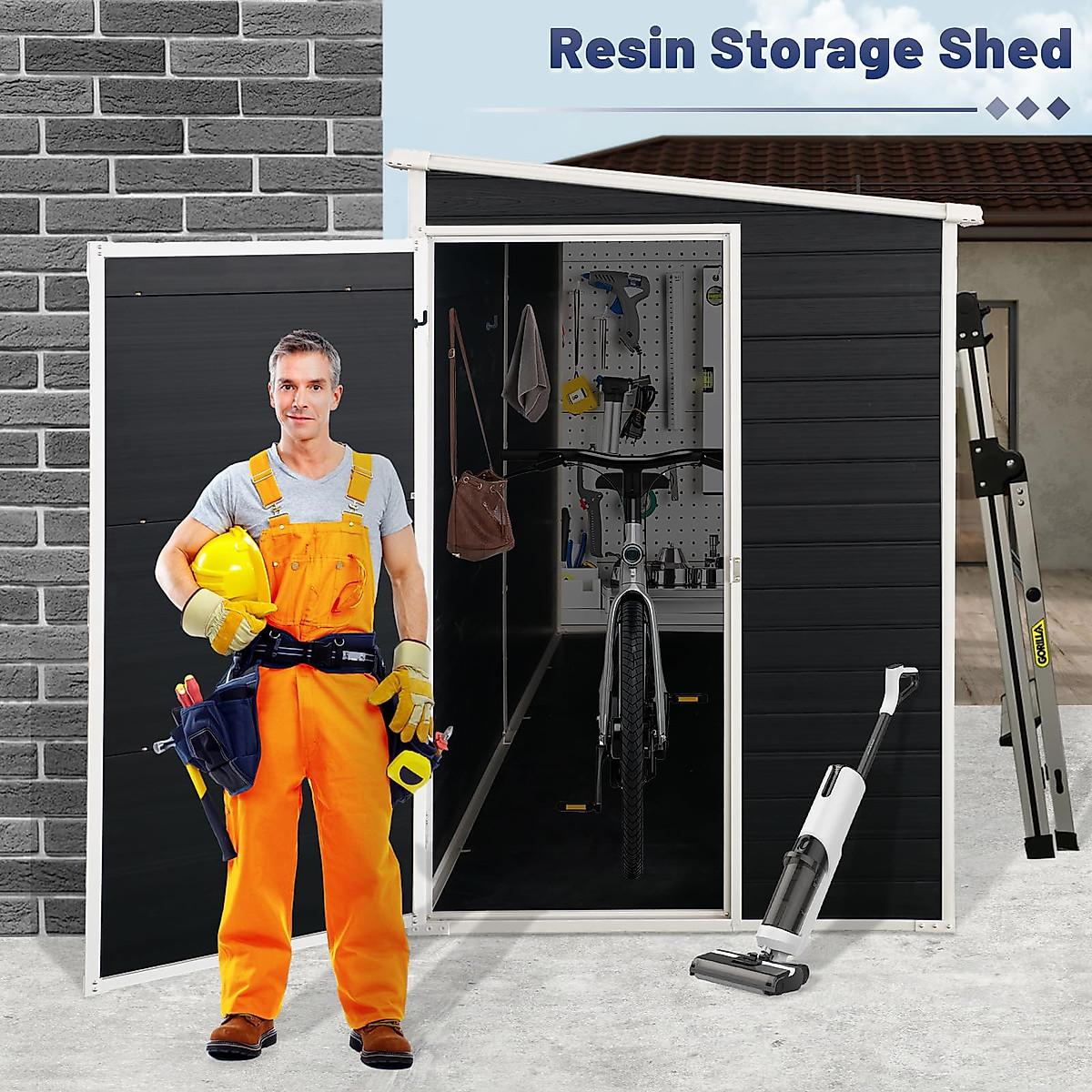 Jaxenor 4x8 FT Lean to Shed, Resin Storage Sheds Outdoor with Floor Included, Plastic Sheds & Outdoor Storage Clearance with 2 Windows and Lockable Door, Backyard Storage Sheds for Garden Tools, Bike