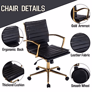 CIMOO Black Leather Office Chair Small Desk Chair Gold Executive Office Chair with Wheels Swivel Arm Chair Retro Task Chairs