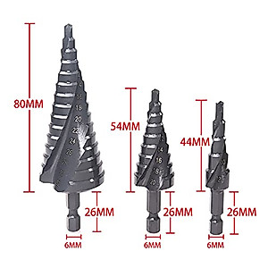 ATOPLEE Step Drill Bit, 3pcs 6mm Hex Shank HSS Nitriding Black Spiral Fluted Unibit Step Bit for Hole Drilling in Metal, Copper, Aluminum,Wood,Plastic,Sizes 4-12mm/4-20mm/4-32mm