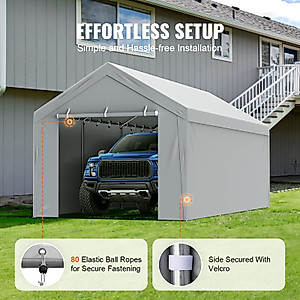 VEVOR Carport Replacement Canopy Cover Top + Side Wall 10 x 20 ft, Garage Tent Shelter Tarp Heavy-Duty Waterproof & UV Protected, Easy Installation with Ball Bungees,Grey (Frame Not Included)