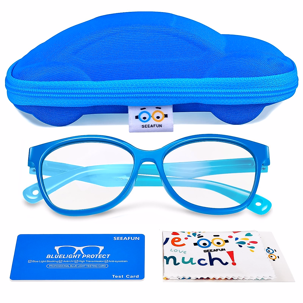 SEEAFUN Blue Light Glasses for Kids Girls Boys with Cute Car Case, UV400 Protection, Anti Blue Ray Age3-12