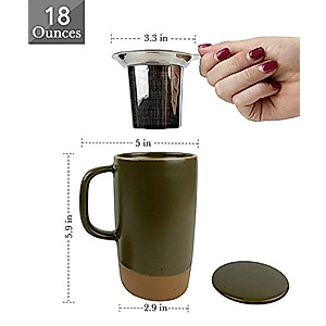 Mora Ceramics Large Tea Mug with Loose Leaf Infuser and Ceramic Lid, 18 oz, Portable, Microwave and Dishwasher Safe, Tall Coffee Cup - Rustic Matte Ceramic Glaze, Modern Herbal Tea Strainer, Olive