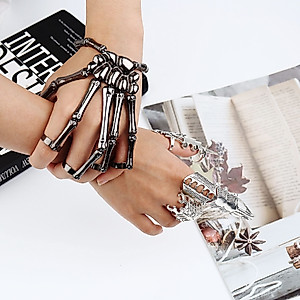 Sanfenly Halloween Skull Skeleton Hand Bracelet with Ring, Armour Knuckle Full Finger Double Loop Activity Ring Punk Rock Gothic Cool