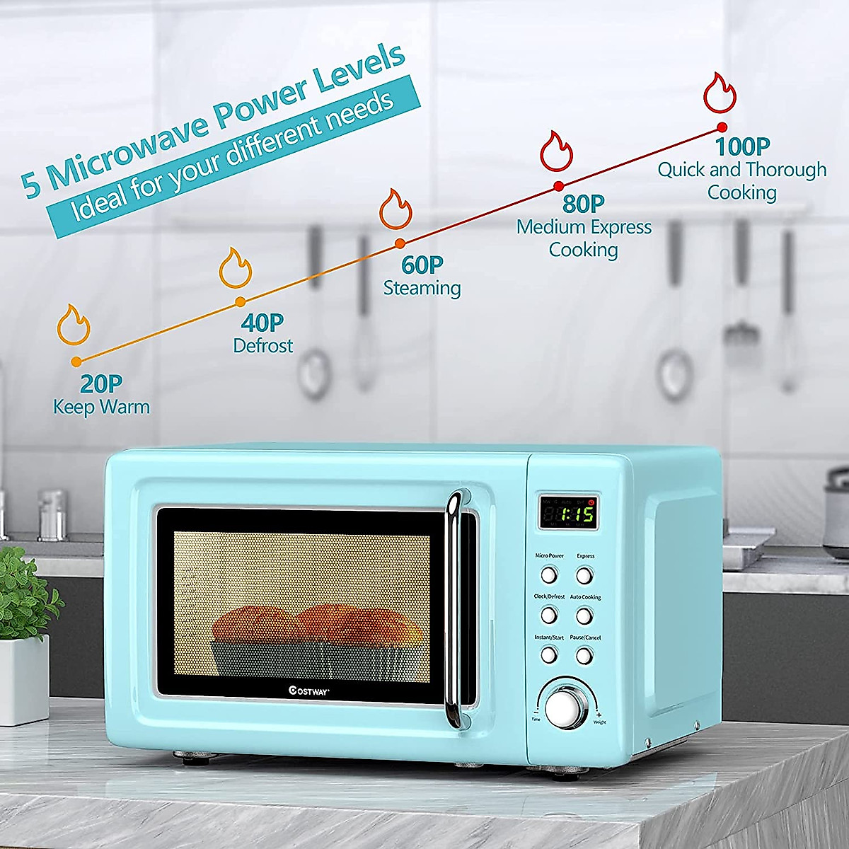 Moccha Compact Retro Microwave Oven, 0.7Cu.ft, 700-Watt Countertop Microwave Ovens w/5 Micro Power, Delayed Start Function, LED Display, Child Lock (Green)