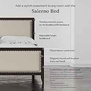 DG Casa Salerno Solid Wood Platform Bed Frame with Nailhead Trim - Queen Bed Frame with Adjustable Headboard, Full Wooden Slats, No Box Spring Needed - Queen Upholstered Bed Frame in Natural Fabric