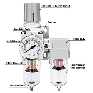 NANPU 1/4" NPT Air Dryer System - 5 Micron Particulate Filter, 0.5 Micron Coalescing Filter & Air Pressure Regulator, Water Trap Separator - Semi-Auto Drain,0-150 psi Gauge, Poly Bowl, Metal Bracket