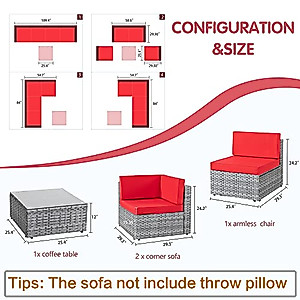 Shintenchi 5 Pieces Outdoor Patio Sectional Sofa Couch, Silver Gray PE Wicker Furniture Conversation Sets with Washable Cushions & Glass Coffee Table for Garden, Poolside, Backyard (Red)