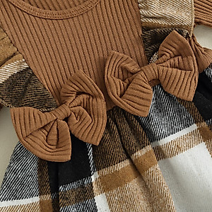 Newborn Baby Girl Fall Winter Outfit Set Plaid Romper Dress Ruffles Long Sleeve Clothes Jumpsuit with Bow Headband (Brown #3, 0-3 Months)