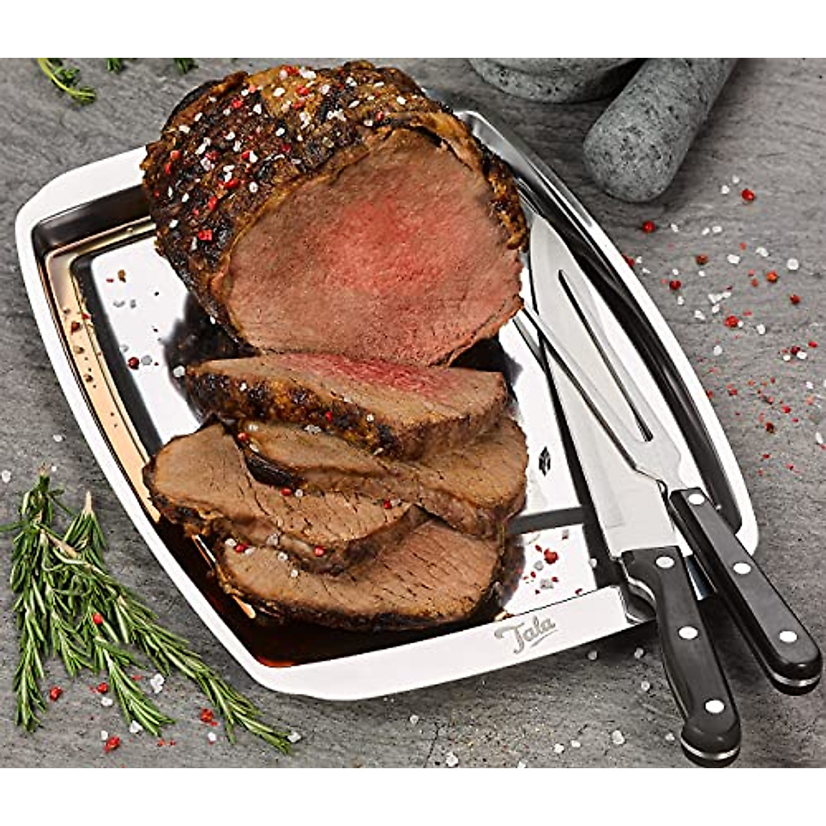 Tala Performance Stainless Steel Carving Tray, with 5 Spikes to Hold Meat Whilst Carving, 35.5cm x 25 cm