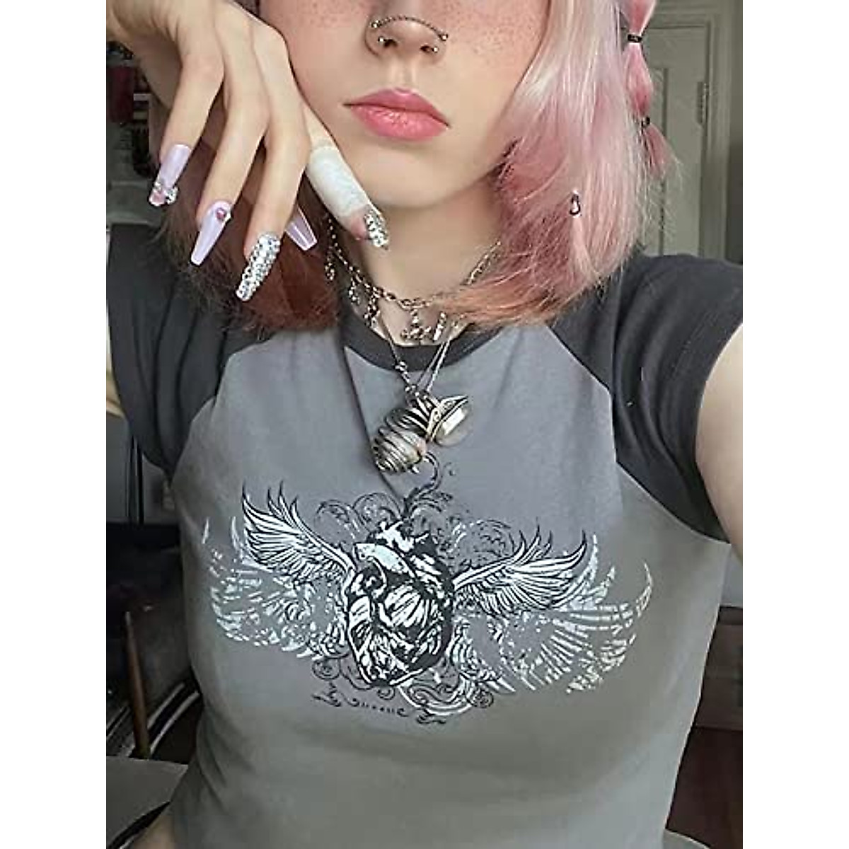 Y2K Crop Tops for Woman Short Sleeve Crew Neck Baby Tees Grunge Wing Print T-Shirt A Grey