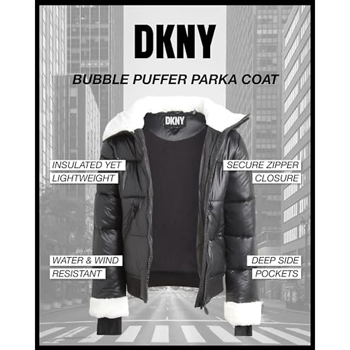DKNY Girls' Winter Coat - Insulated Quilted Puffer Bomber Coat - Outerwear Jacket for Girls, Sherpa Collar/Cuffs (8-16), Size 10-12, Black