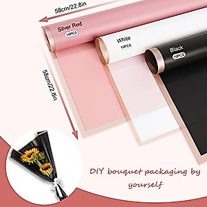 Whaline 30 Sheet Floral Wrapping Paper Folded Flat Pink Black White Waterproof Flowers Bouquet Packaging Paper with Rose Gold Border Double Sided Florist Packaging Paper for Wedding Birthday Flower Shop DIY Craft