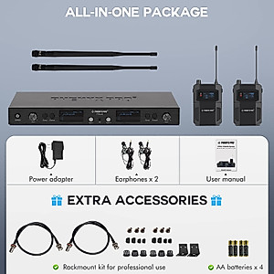 Phenyx Pro UHF Mono Dual Wireless in-Ear Monitor System, Metal Wireless IEM System, Sturdy Bodypack Receiver, 2x50 Frequencies, Separate Outputs,164ft Operation, Suitable for Band and Studio (PTM-22)