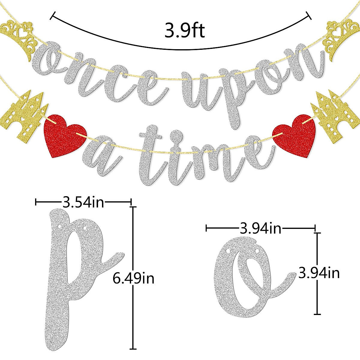 Qttier Once Upon A Time Glitter Banner, Pre-assembled Bridal Shower Banner for Bachelorette, Engagement, Wedding Party Decoration Supplies