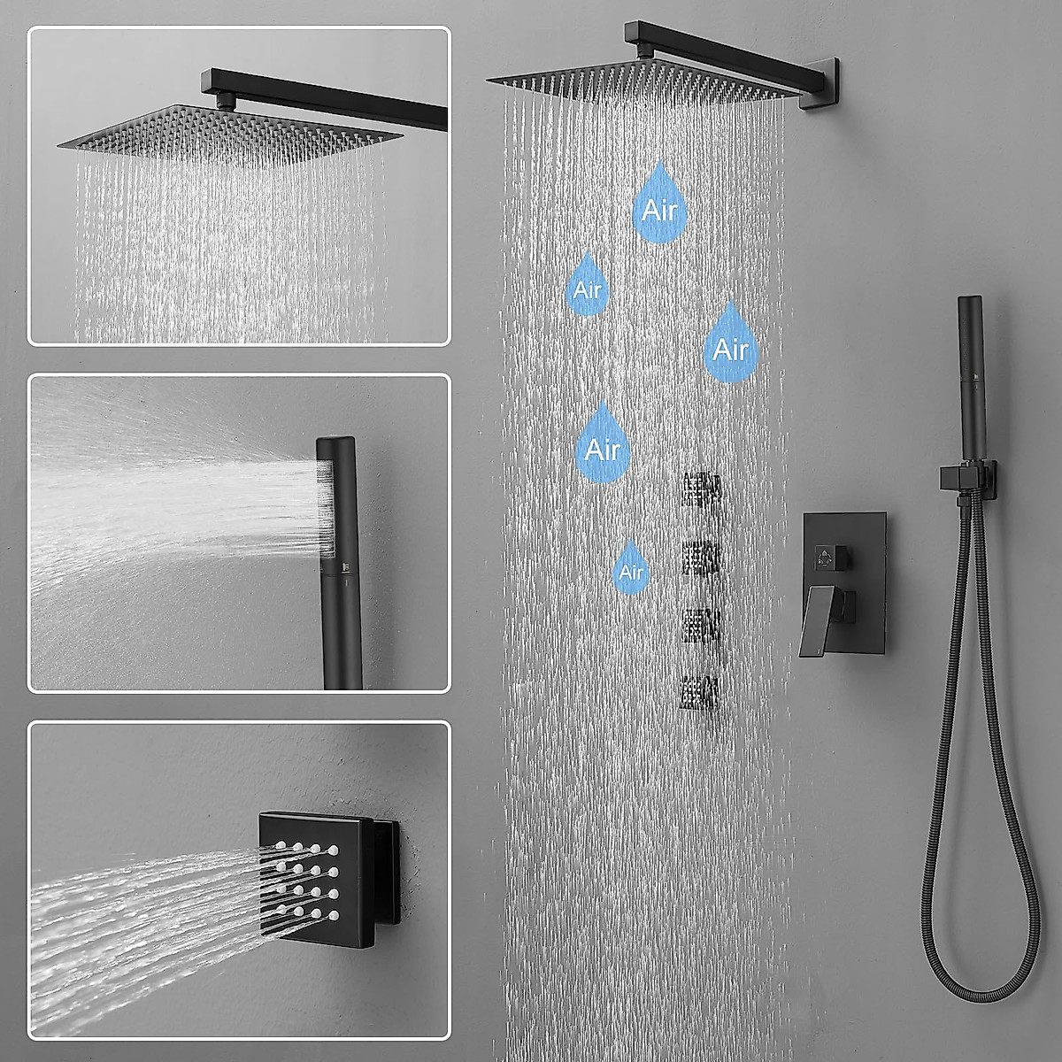BESy 12 Inch Rain Shower Head System 4 Full Body Jets Set, Wall Mounted High Pressure Rainfall Shower Faucet Fixtures Combo with 2 in 1 Handheld Sprayer Hand Showerhead for Bathroom, Matte Black
