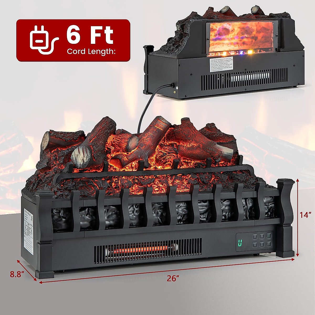 Tangkula 26” Electric Fireplace Log Set Heater with Remote, 5 Flame Modes & Brightness, Thermostat Control, 8H Timer, Realistic Lemonwood Ember Bed, Infrared Quartz Electric Fireplace Insert, 1500W