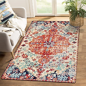 Lahome Bohemian Floral Medallion Area Rug - 4x6 Oriental Distressed Bedroom Rug Country Vintage Faux Wool Indoor Throw Mat Non-Slip Washable Low-Pile Carpet for Bathroom Living Kitchen Laundry Room