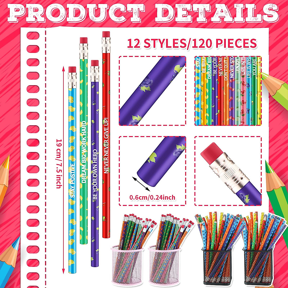 Scented Inspirational Motivational Pencils Student Colorful Fruit Pencils Cute Pencils with Eraser Wood Graphite Pencil for Girls Kids Boys School Students Gifts Supplies (120 Pcs)