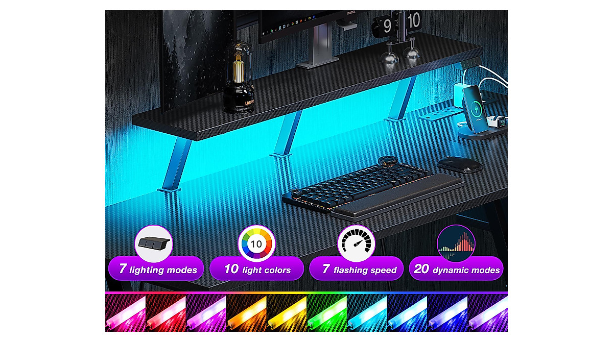 MOTPK L-Shaped Gaming Desk | LED Lights, Outlets & Monitor Shelf