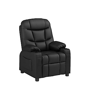 Costzon Kids Recliner Chair with Cup Holder, Adjustable Leather Lounge Chair w/Footrest & Side Pockets for Children Boys Girls Room, Ergonomic Toddler Furniture Sofa, Kids Recliner (Black)