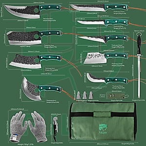 FULLHI Portable 14/15pcs Butcher knife set cleaver green woodhandle with bag Hand Forged chef knife Boning Knife High Carbon Steel viking knife set For Kitchen