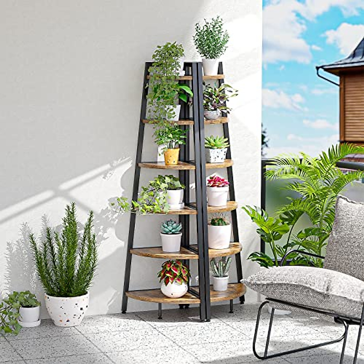 Lulive 6 Tier Corner Shelf, 68.9" Industrial Tall Corner Ladder Shelf Stand, Corner Bookshelf Bookcase for Living Room, Home Office, Balcony, Small Space