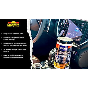 Simoniz New Car Scent Advanced UV Protectant Wipes Wipes – Interior Protectant or Most Surfaces -  Plastic, Rubber, Vinyl Dashboards, Seats, Doors & Tires -Great for Cars, Trucks, SUVs, Boats 50 Count