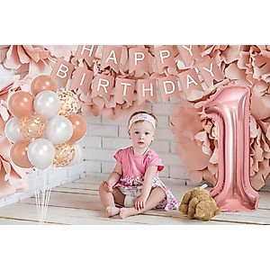 Rose Gold 40inch Number 1 Balloon, First Birthday Decorations For Girl With Rose Gold White Confetti Balloons, Happy Birthday Banner Large 1 Balloon For Baby Girl Princess Birthday Party Decor