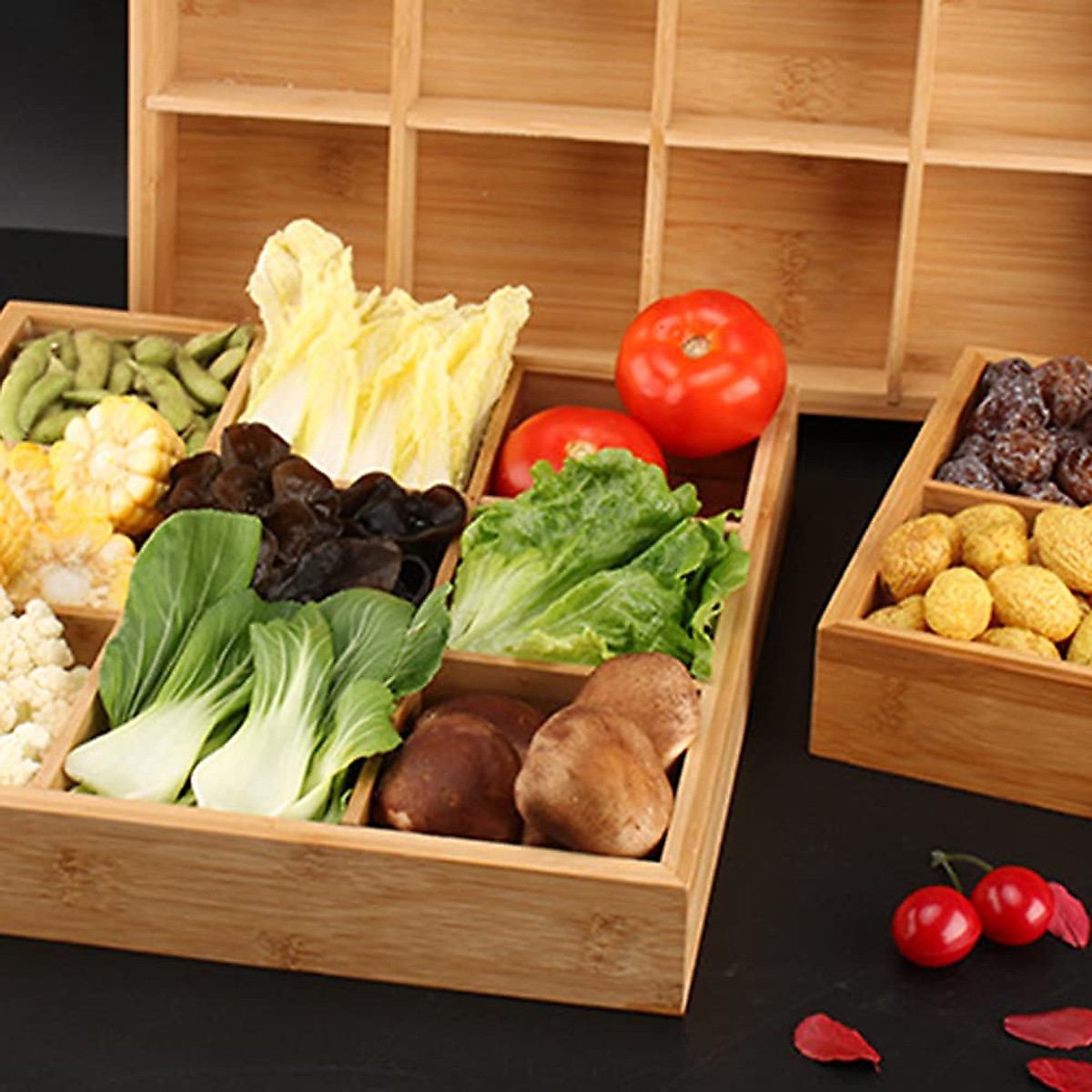 DOITOOL Wooden Dried Fruit Box Jiugongge Multifunction Snack Storage Container Sectional Tray Serving Dish Platter for Wedding Birthday Halloween Party Supplies