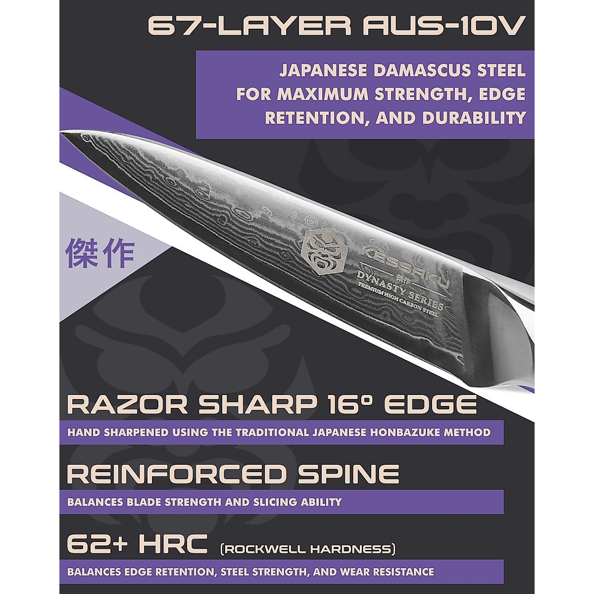 KESSAKU Paring Knife - 3.5 inch - Damascus Dynasty Series - Razor Sharp Kitchen Knife - Forged 67-Layer Japanese AUS-10V High Carbon Stainless Steel - G10 Garolite Handle with Blade Guard