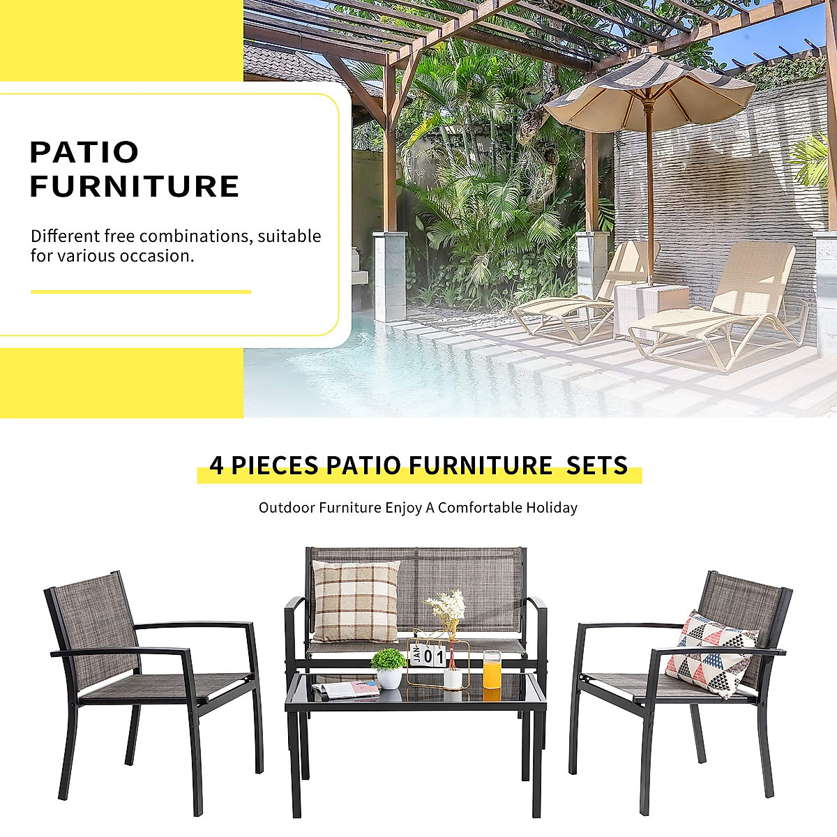 Shintenchi 4 Pieces Patio Furniture Set All Weather Textile Fabric Outdoor Conversation Set, with Glass Coffee Table, Loveseat, 2 Single Chairs for Home, Garden, Lawn, Porch (Brown）