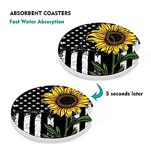 Car Coasters 2 Pack, Small 2.56" Stone Car Cupholder Absorbent Coaster Set for Women Men Drink Cup Holder Coasters (Black Sunflower)