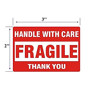 [1 Roll, 500 Labels] 2" x 3" Fragile Stickers Handle with Care Warning Packing / Shipping Labels - Permanent Adhesive