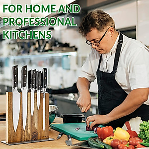 Filligs Magnetic Knife Block Holder with Stone Sharpener - Acacia Wood Kitchen Magnetic Knife Stand Rack with Powerful Double Sided 3 Magnets Strip - Knives Not Included