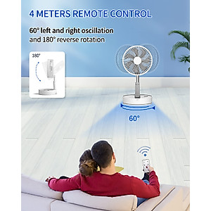 Oscillating Fan with Remote Control, 7200mAh Rechargeable Battery Operated Travel Fan for Camping, 4 Speed, Timer, Height Adjustment Portable Foldable Fan for Travel , Outdoor, Home (White)