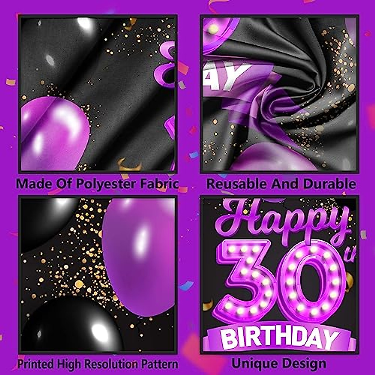 Happy 30th Birthday Purple and Black Banner Backdrop Cheers to 30 Years Old Confetti Balloons Theme Decor Decorations for Women 30 Years Old Pink Birthday Party Bday Supplies Background Favors Gift Glitter