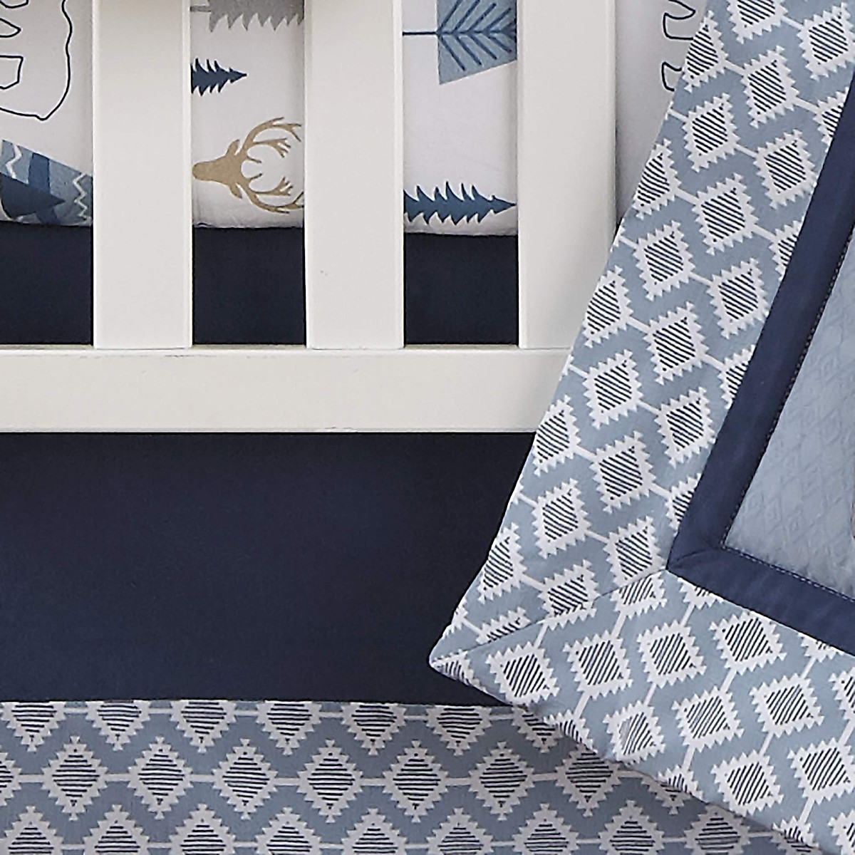 Levtex Baby - Emerson Crib Bed Set - Baby Nursery Set - Navy, Blue, Grey and Tan - Animal Adventure - 4 Piece Set Includes Quilt, Fitted Sheet, Wall Decal & Dust Ruffle