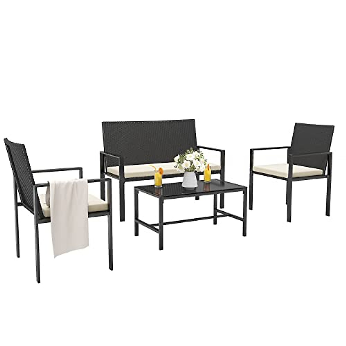 rattantree Patio Furniture Set, 4 Pieces Outdoor Rattan Garden Furniture Set Wicker Patio Conversation Furniture Set for Yard, Poolside, Lawn, Porch and Backyard (Black 1)