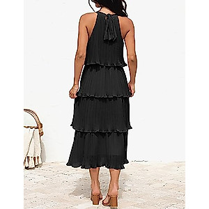 ZESICA Women's 2023 Summer Sleeveless Halter Neck Ruffle Tiered Layed Chiffon Flowy Swing Long Midi Dress,DarkBlack,Large