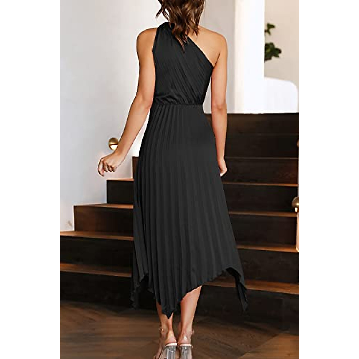 PRETTYGARDEN Women's Summer Long Satin Dress One Shoulder Sleeveless Ruched Twist Flowy Maxi Dresses (Black,Small)