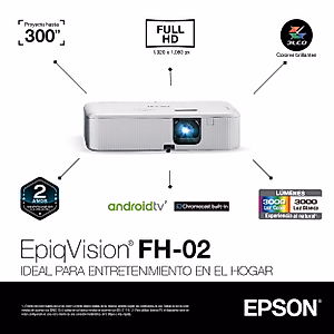 2022 New Upgrade Epson EpiqVision Flex CO-FH02 Full HD 1080p Smart Streaming Portable Projector, 3-Chip 3LCD, 3,000 Lumen Color/White Brightness, Android TV, Bluetooth, 5W Speaker, Home Entertainment