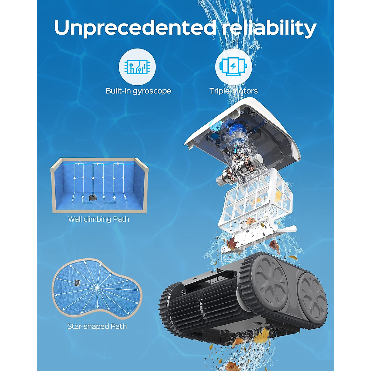 WYBOT Cordless Robotic Pool Cleaner, Ultra Strong Suction, Wall Climb Pool Vacuum with Intelligent Route Planning, Lasts 110Mins, Triple-Motor, Ideal for In-Ground Pools Up to 60 Feet (Black) (WY004)